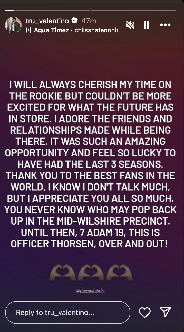 Tru Valentino Leaving 'The Rookie': Read His Statement